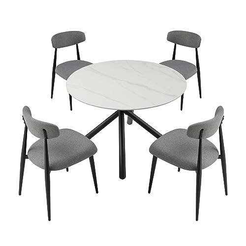 KEVINSPACE 42.13" Round Dining Table, Marble Table White Sintered Stone Tabletop with Solid Carbon Steel Base, Mid Century Modern Dining Table for Kitchen, Dining Room, Office, Reception Room Moon