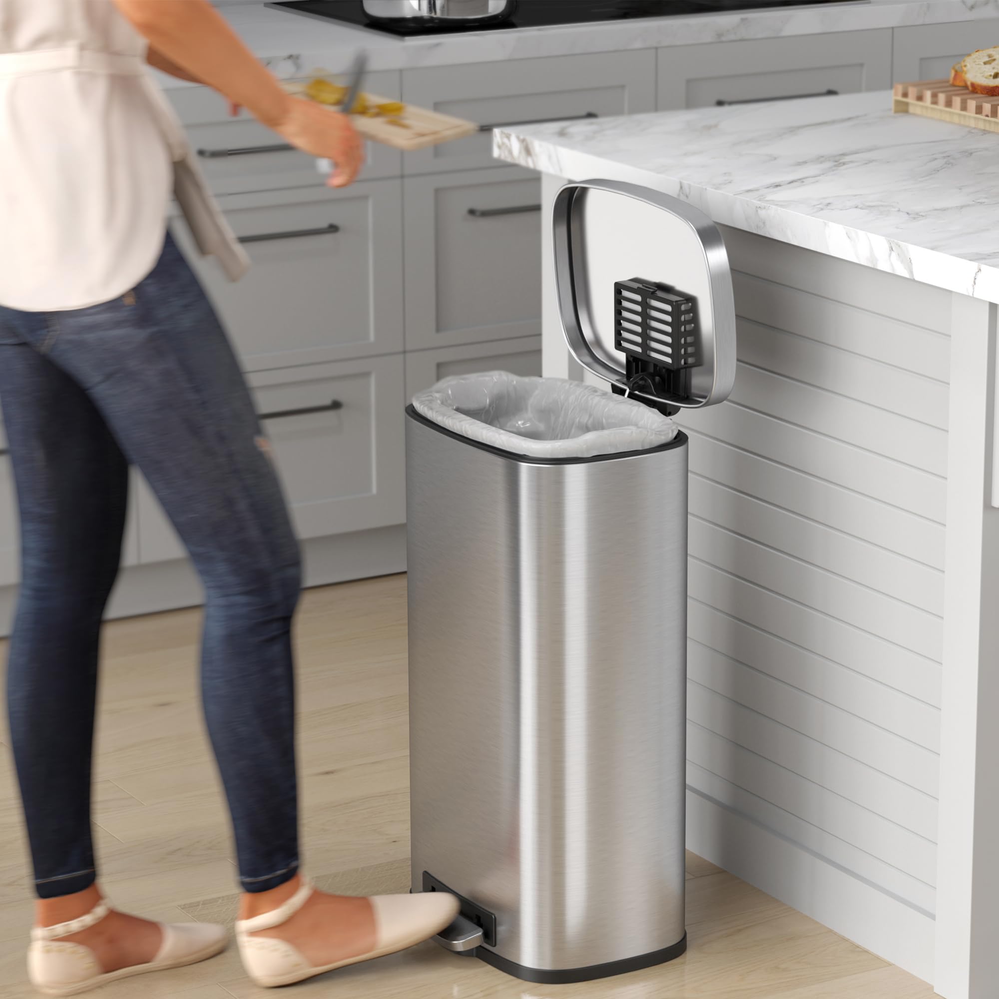 iTouchless SoftStep 8 Gallon Kitchen Step Trash Can with Odor Filter and Removable Inner Bucket, Stainless Steel 30 Liter Rectangular Pedal Garbage Bin for Home, Office, Silent and Gentle Lid Close