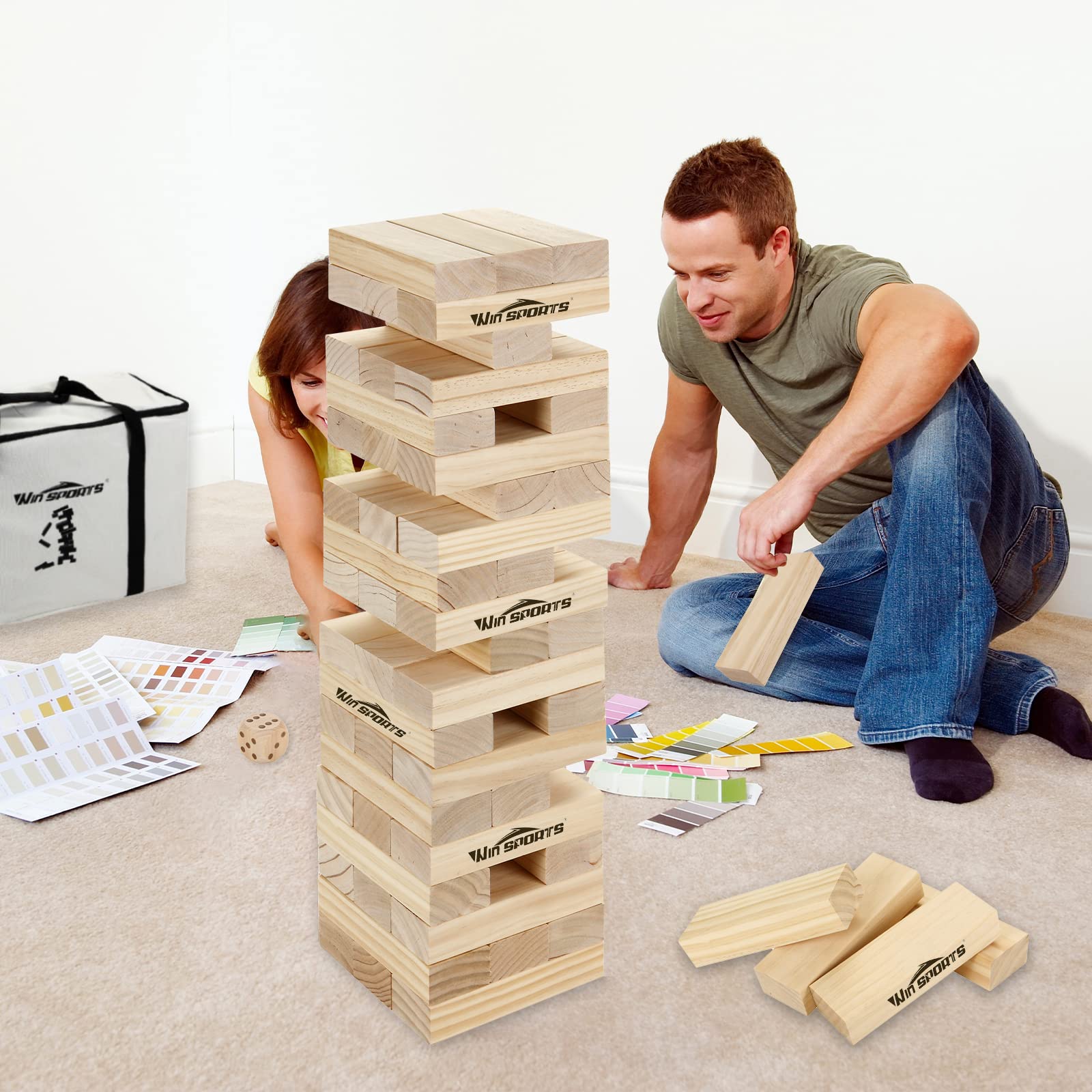 WIn SPORTS Giant Tumbling Timbers - Yard Games Large Wooden Tumble Tower Blocks Stacking Yard Game, with 1 Dice Set &Stacks to Over 5 FT,Made from Premium Pine (7.5"x2.5"x1.5", 54 PCS)