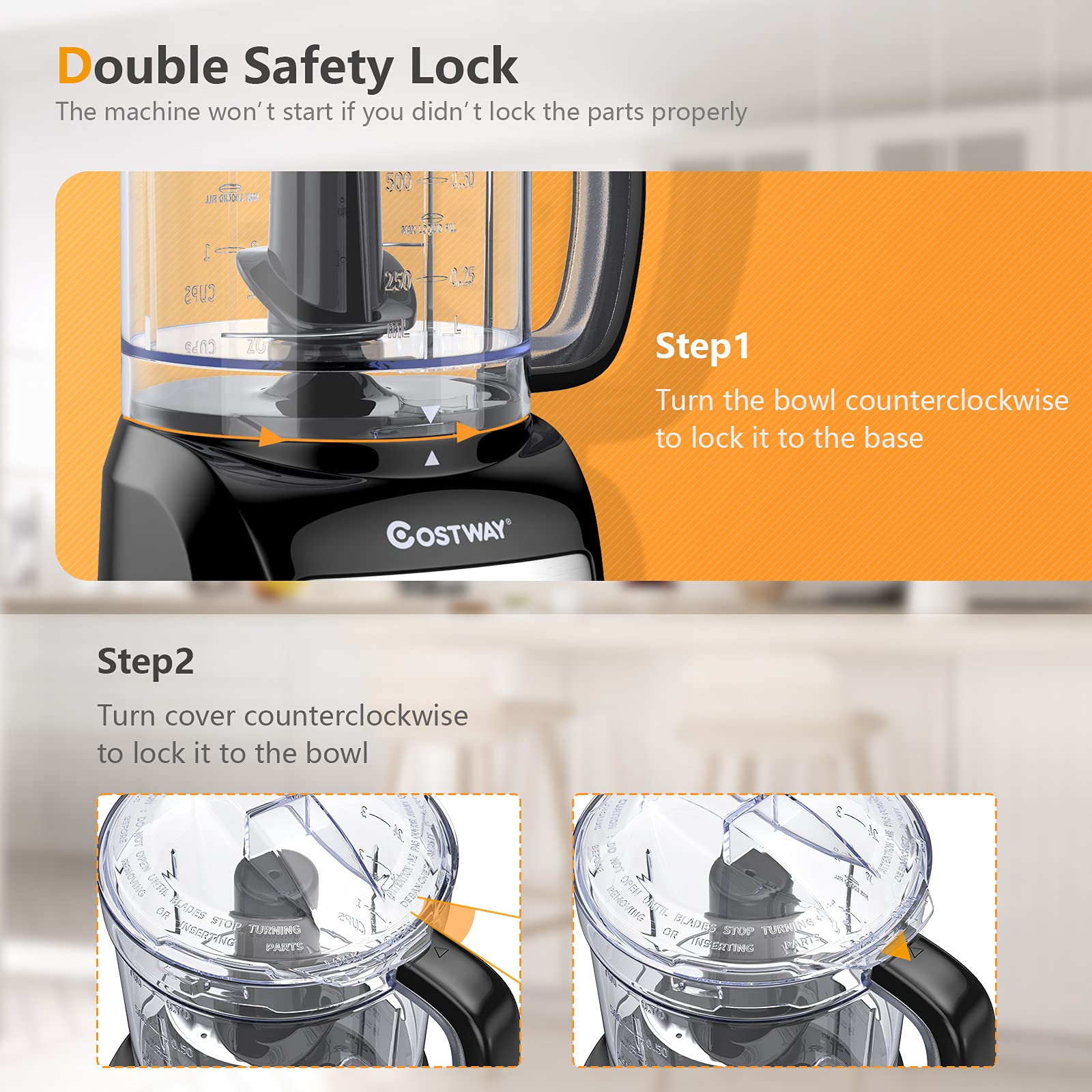 COSTWAY Food Processor & Vegetable Chopper, 2-Speed and 3 Cup Food Chopper with Easy Grip Handle, Double Safety Lock, Stainless Steel Chopper Blade, Anti-slip Suction Rubber Feet, Black