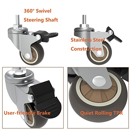 OK5STAR 1.5" Mini Caster Wheels with Brakes, 1/4"-20x1" Threaded Stem Low Profile TPR Castors Quiet Rolling for Small Cart Trolley Dolly Workbench Furniture Set of 4(fit 6mm to 6.35mm)