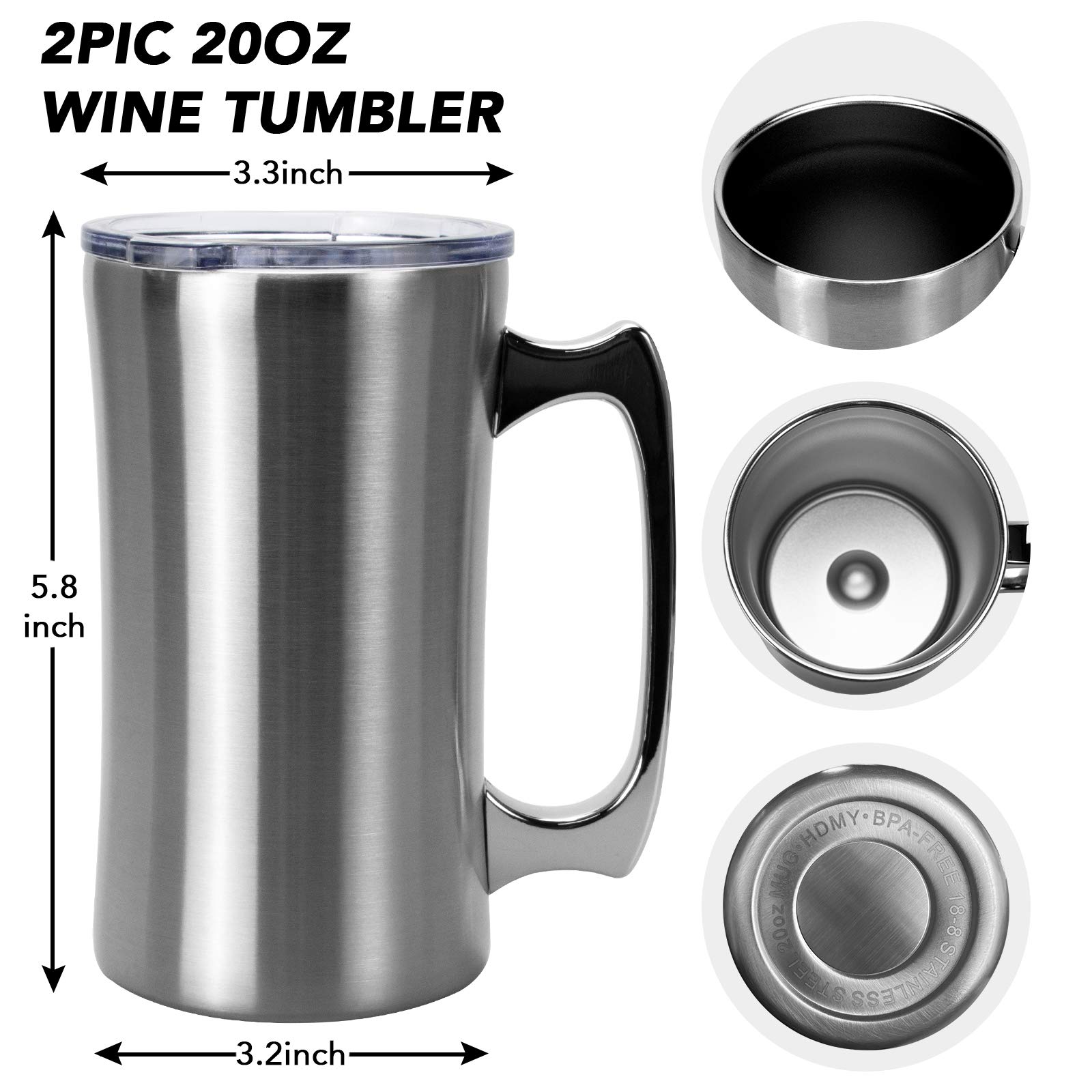 HDMY Stainless Steel Double Walled Mugs 20 oz Metal Coffee & Tea &Wine Cup Mug Insulated Cups with Handles Keep Drinks Cold or Hot Longer(Double)