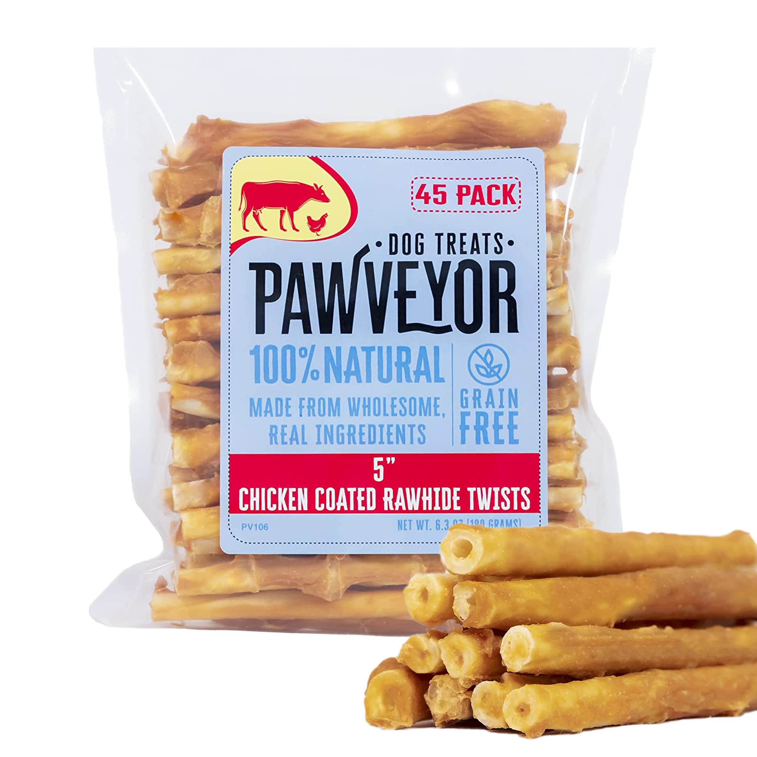 Pawveyor 5" Chicken Wrapped Rawhide Twists - Pack of 45 All-Natural, Rawhide Dog Treats Small Dogs - Great Puppy Treats for Teething Small Dogs - Odor-Free and Long-Lasting, Supports Dental Health