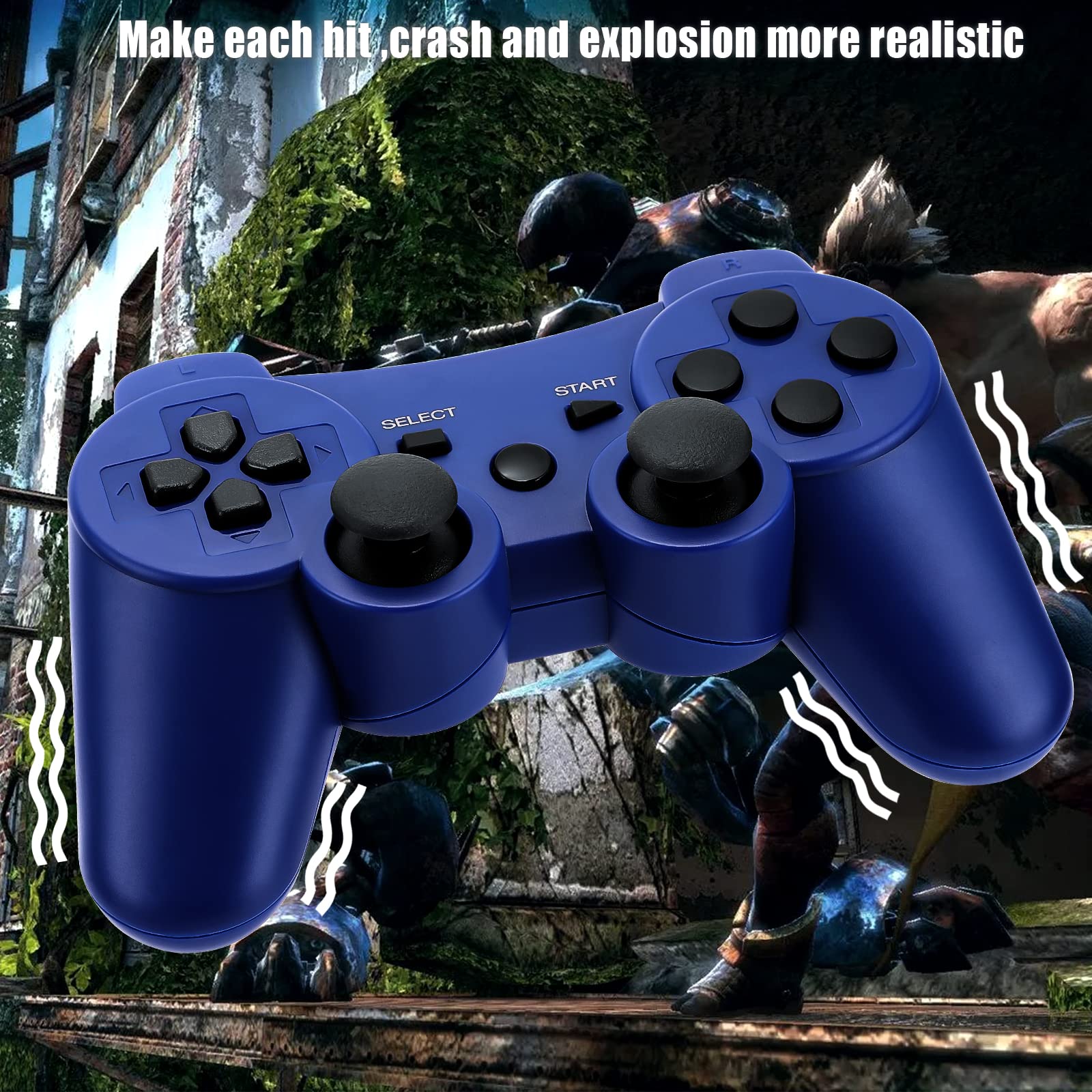 Ceozon PS3 Controller 2 Pack with Six-Axis Dual Vibration Wireless Control with Charging Cables Black + Blue