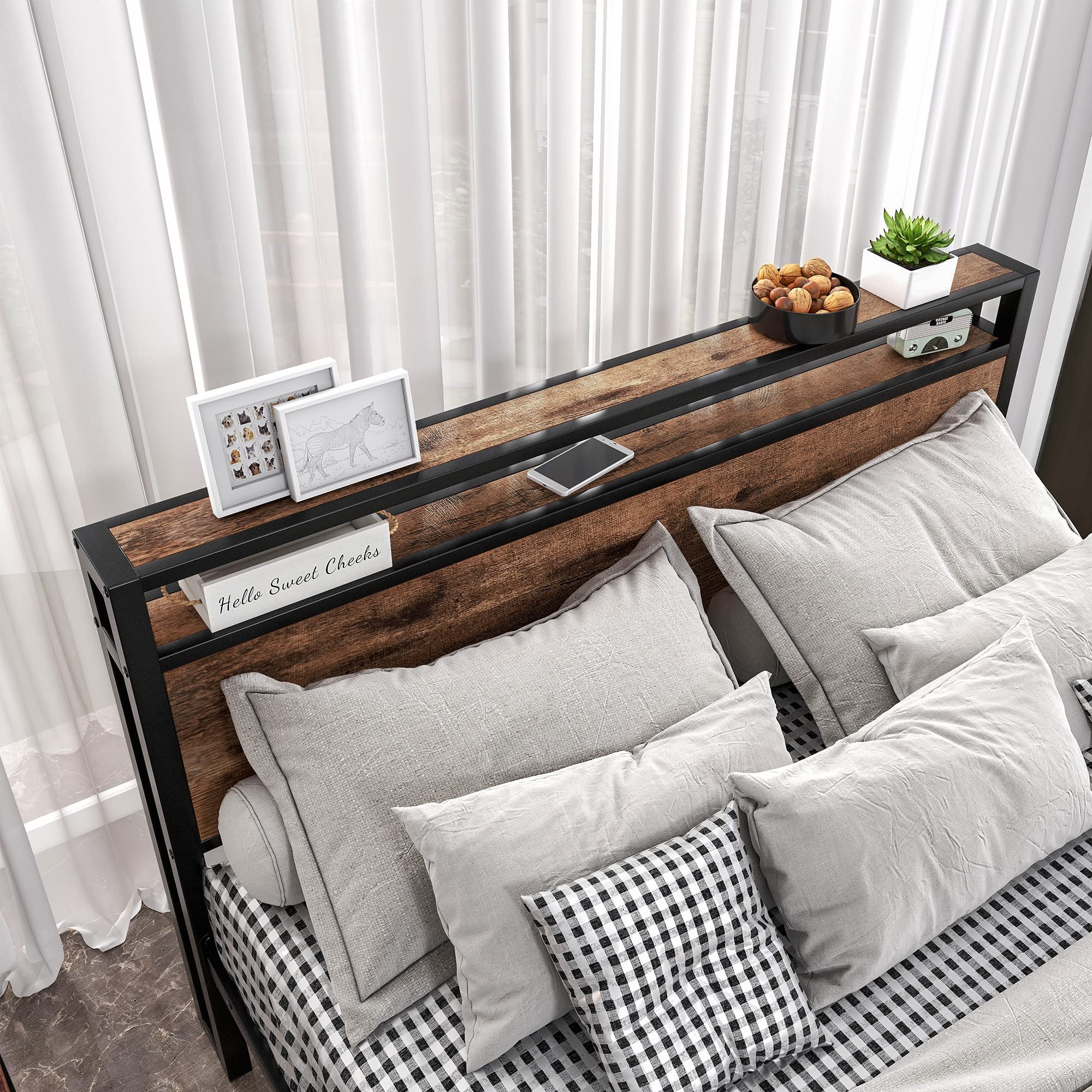 BOFENG Queen Bed Frame with 2-Tier Wood Storage Headboard,Metal Platform Bed Frame Queen Size Under Bed Storage No Box Spring Needed,Strong Support Legs,Noise Free