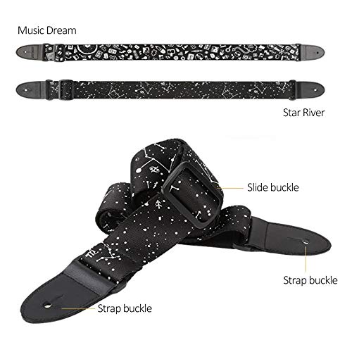 WINGOFFLY Guitar Strap Leather Ends Length Adjustable for Electric Guitar Acoustic Guitar Ukulele and Bass Top Grade(Star River)