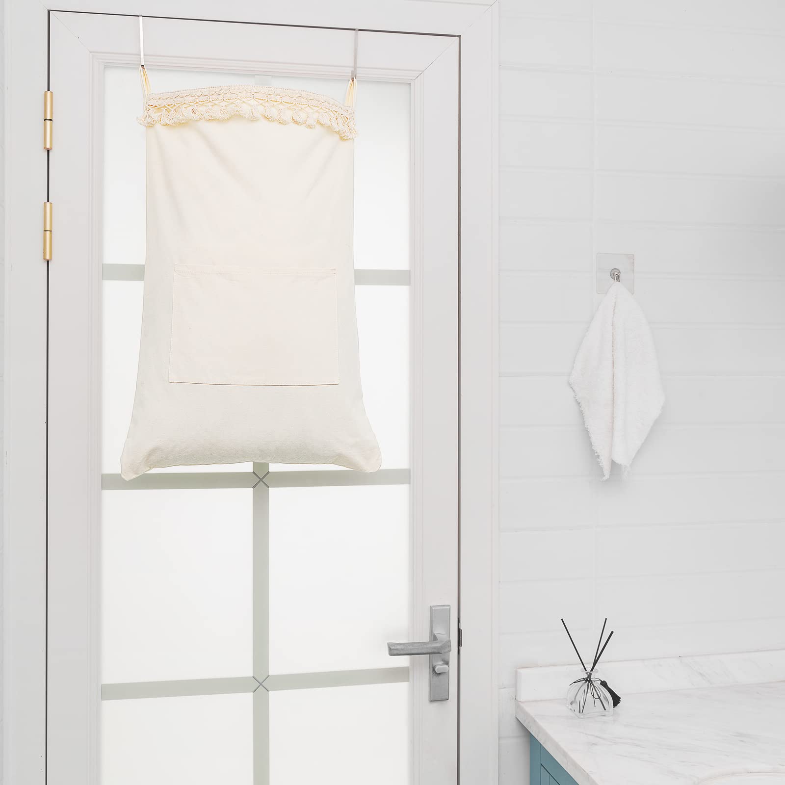 Dahey Over The Door Organizer with 4 Pockets and Macrame Hanging Laundry Hamper Bag Boho Door Storage for Pantry, Closet, Nursery, Bathroom, Bedroom, Dorm, White