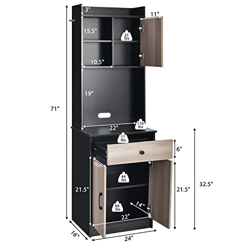 COSTWAY Kitchen Pantry Storage Cabinet, 71” Tall Buffet Hutch Cabinet with Microwave Stand, Adjustable Shelves, Drawer, Freestanding Buffet Cabinet with Storage for Dining Room, Home, Black