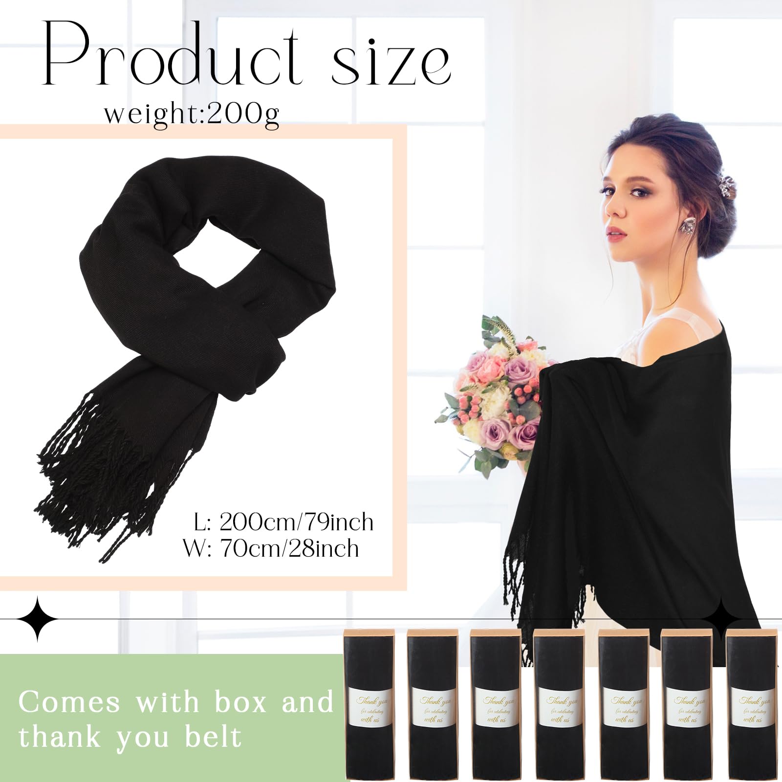 Cutecrop 18 Pack Scarf Pashmina Shawls and Wraps for Wedding Bridesmaid Party Favors Gifts Guests Bulk with Thank You Box(White)
