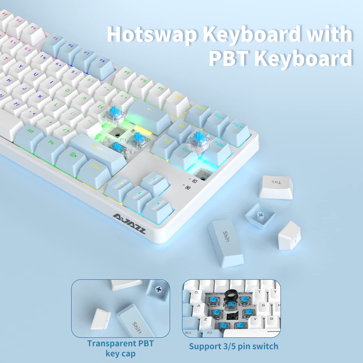 DAIDAI 87 Key TKL Hot Swappable Mechanical Wired Keyboard with OEM PBT Keycpas | 22-Modes Rainbow Backlit | Removable Magnetic Top Cover Gaming Keyboard for PC Gamer (Clicky Blue Switch)