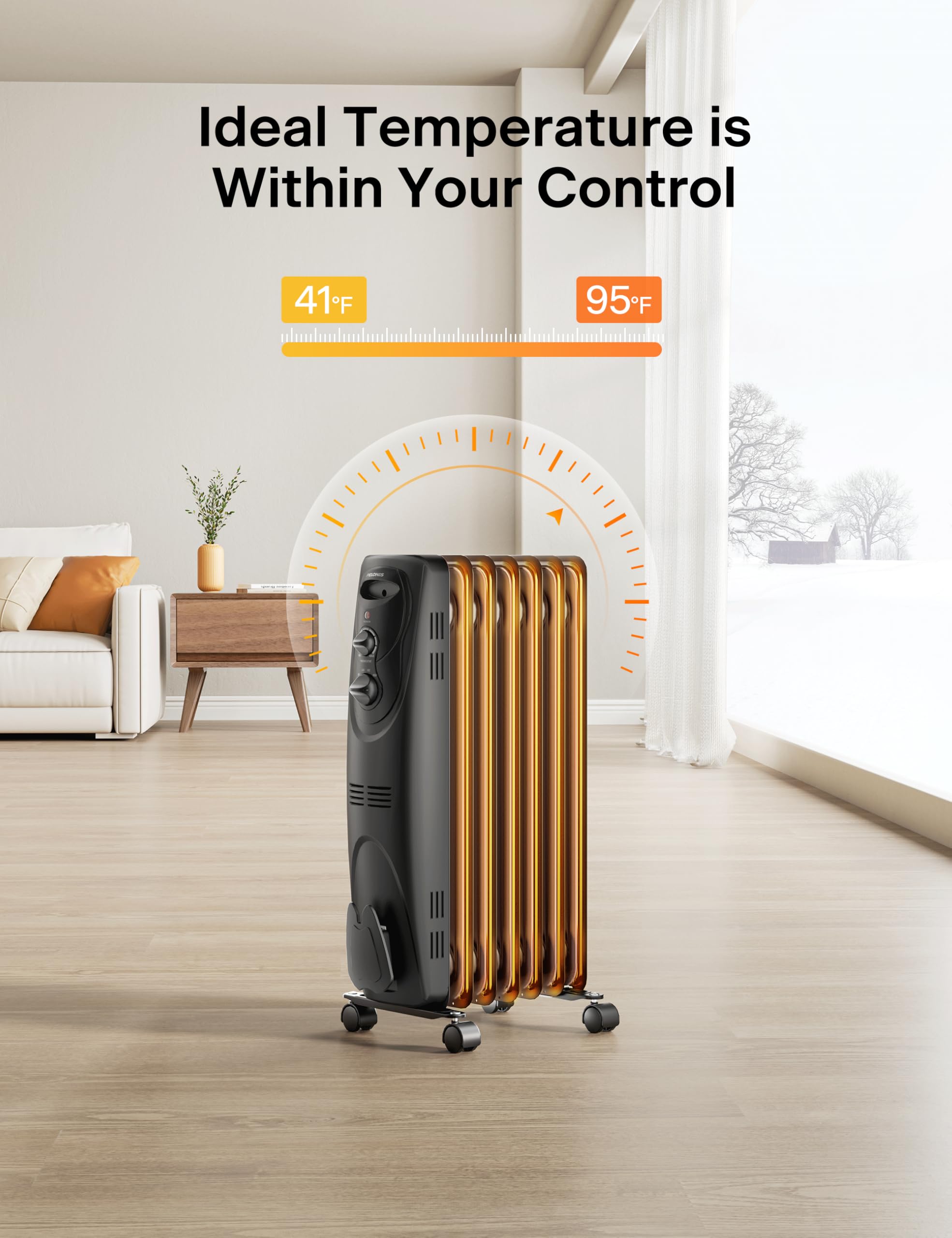 PELONIS Oil Filled Radiator Heater for indoor use Large Room Safe with Thermostat, 1500W Energy Efficient Quiet Space Heater, 3 Heat Settings, Overheat & Tip-Over, Black