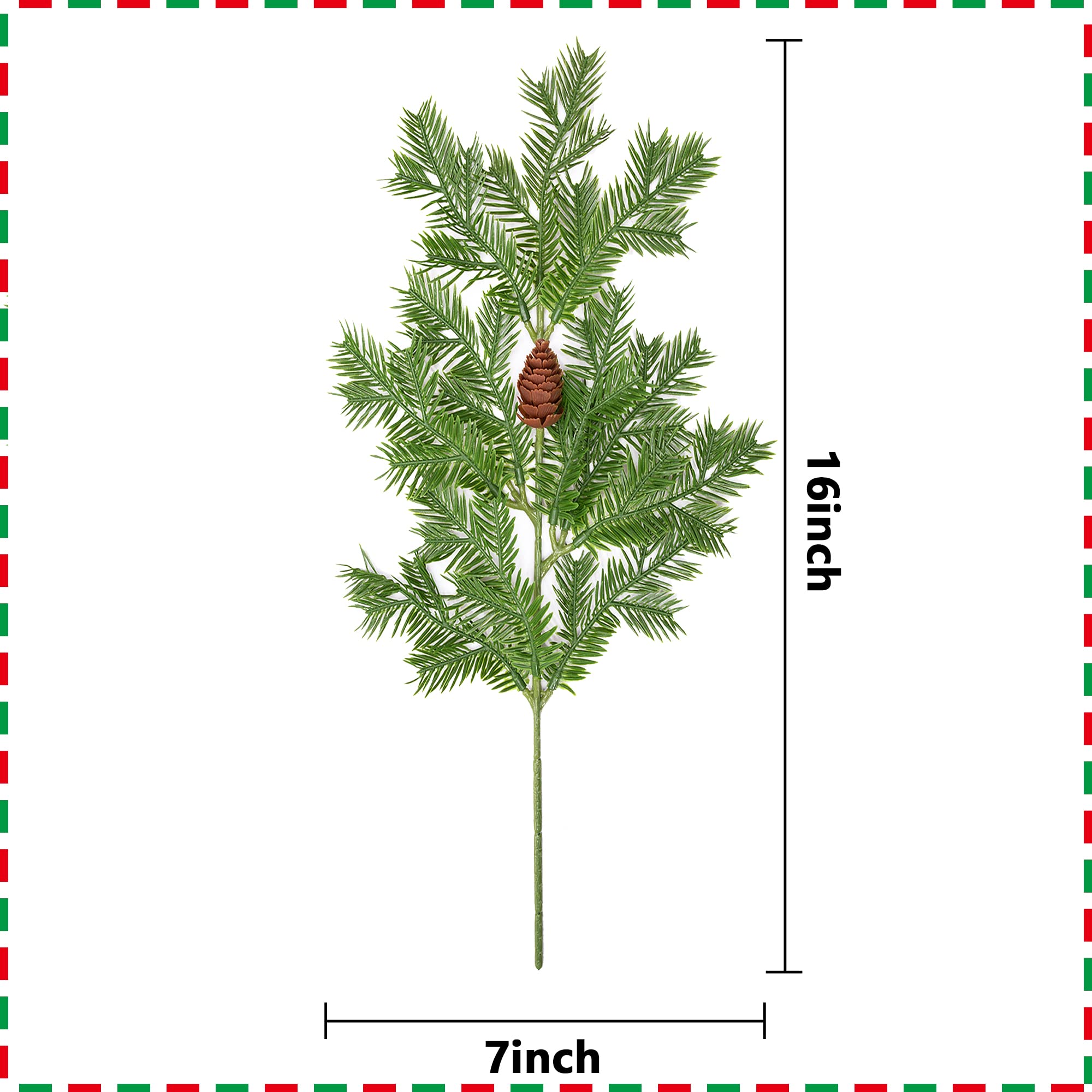 Watayo 8 Pcs Large Artificial Pine Needles Branches- 16" x 7" Christmas Fake Greenery Pine Picks with Pinecone- Faux Pine Leaves Sprigs for Christmas Garland Wreath & Home Garden Decoration