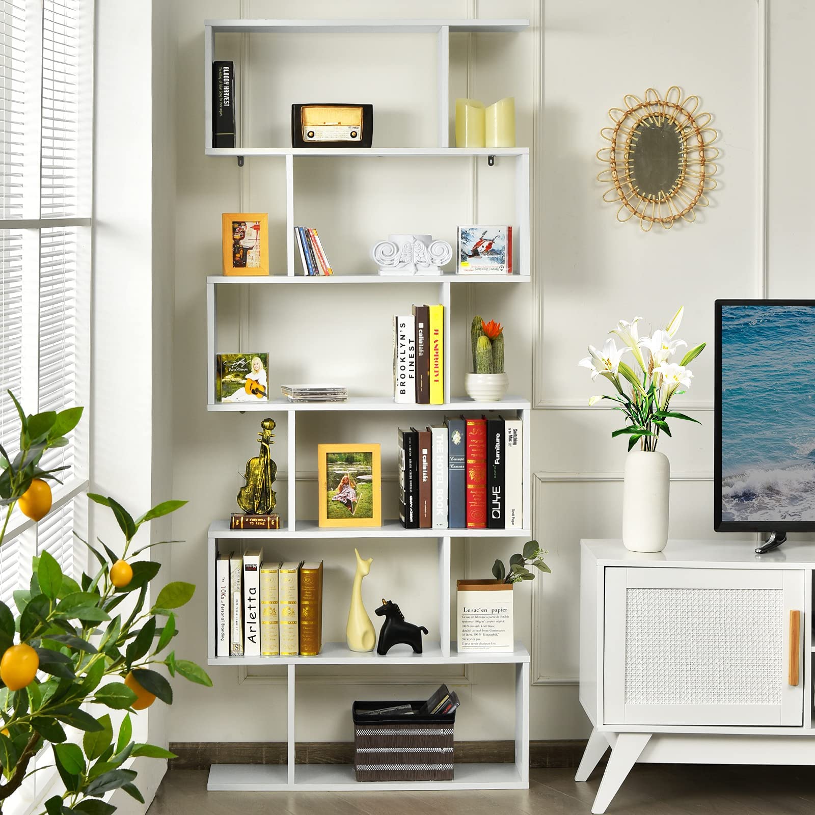 IFANNY 6 Tier S Shaped Bookshelf, Wooden Open Bookcase w/Anti-Tipping Device, Display Shelf Storage Organizer for Home, Office, Living Room, 31.5 x 9 x 75 inch
