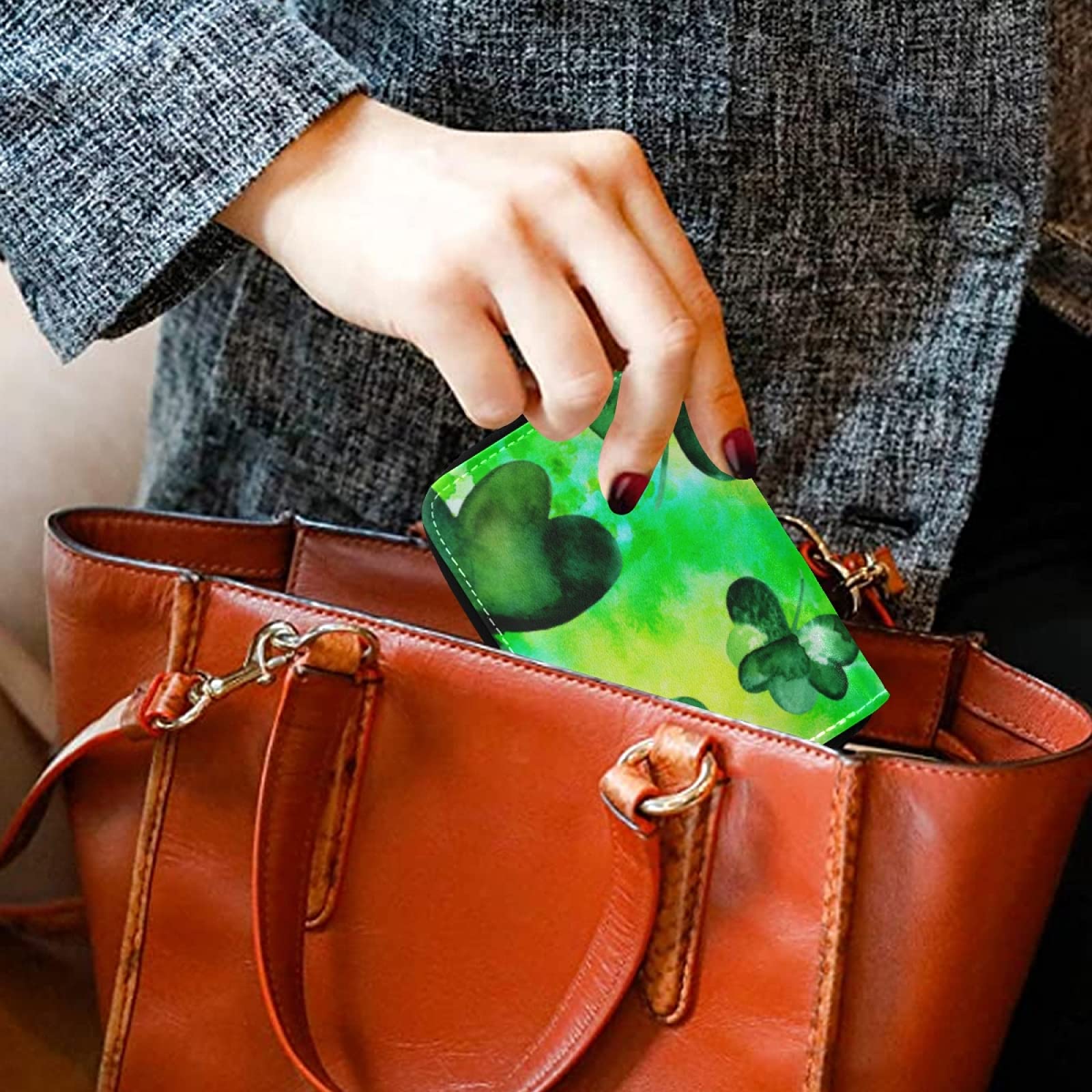 Watercolor Shamrock Clover Seamless Green St. Patrick's DayGrey Credit Card Coin wallet, RFID Blocking Compact Women Leather Card Holder, Key Change Organizer, Zipper Purse Clutch Pouch Pocket
