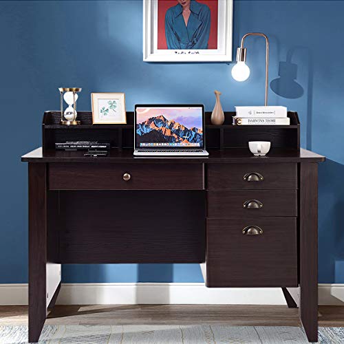 IFANNY Vintage Computer Desk with Drawers, Modern Work Desk with Hutch, 3 Storage Drawers and 1 File Drawer, Wood Corner Home Office Desk for Small Spaces (Brown)