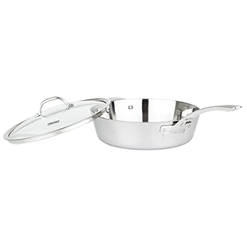 Viking Culinary Contemporary 3-Ply Stainless Steel Sauté Pan, 4.8 Quart, Includes Glass Lid, Dishwasher, Oven Safe, Works on All Cooktops including Induction