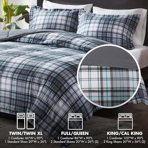 Madison Park Essentials Parkston Plaid Comforter, Matching Sham, 3M Scotchguard Stain Release Cover, Hypoallergenic All Season Bedding-Set, Twin/TwinXL, Grey, 2 Piece