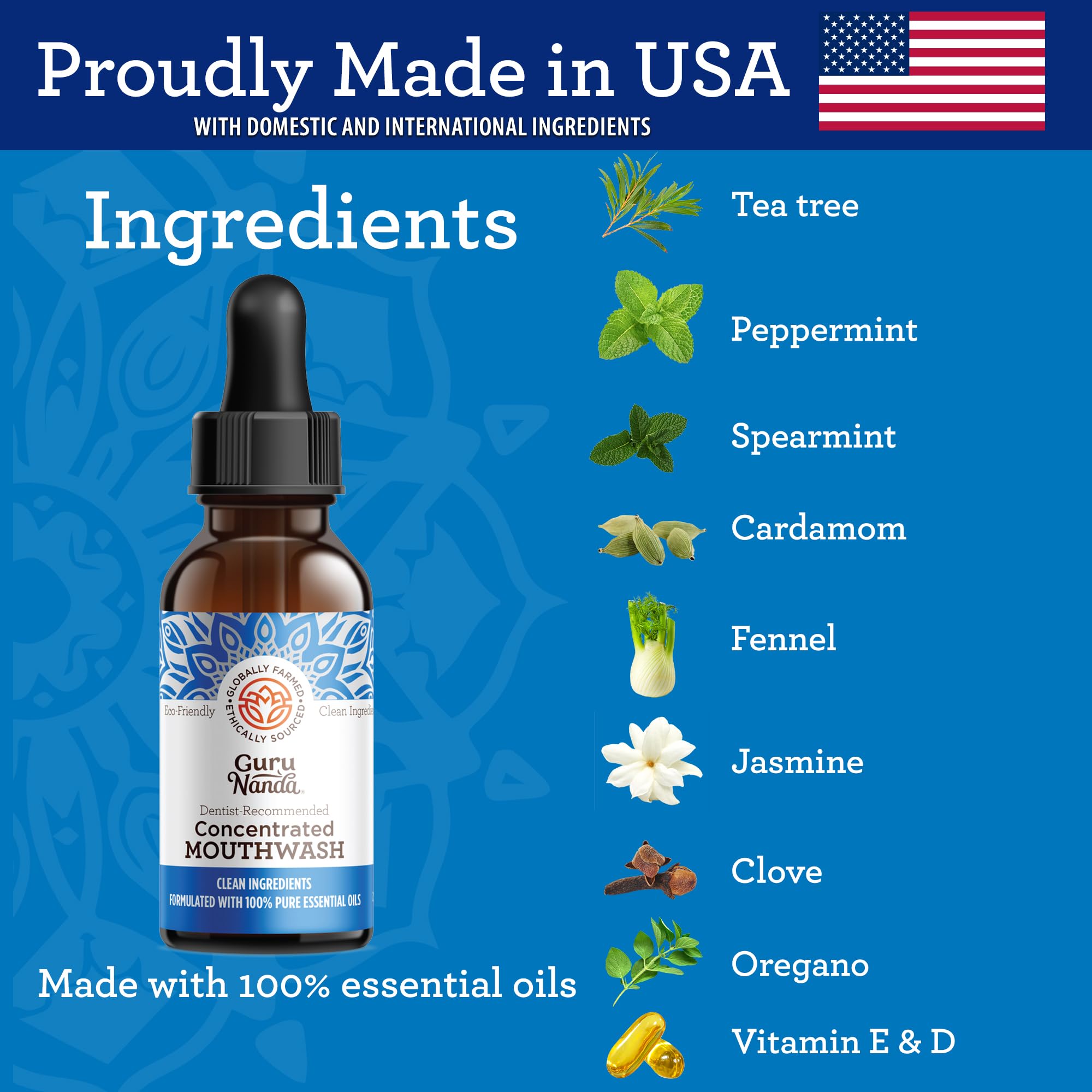 GuruNanda Concentrated Mouthwash, Helps with Bad Breath, Promotes Teeth Whitening, Made with 100% Natural Essential Oils, 1 Bottle Equals 300 Rinse, Fluoride-Free - Mint Flavored (2 oz)