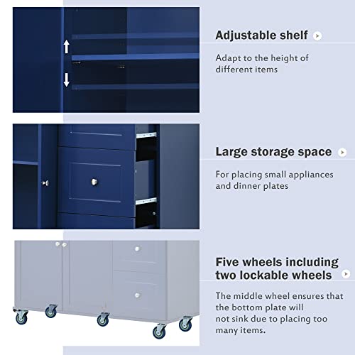 FEELLE Rolling Mobile Kitchen Island with Drop Leaf - Solid Wood Top, Locking Wheels & Storage Cabinet 52.7 Inch Width(Dark Blue)