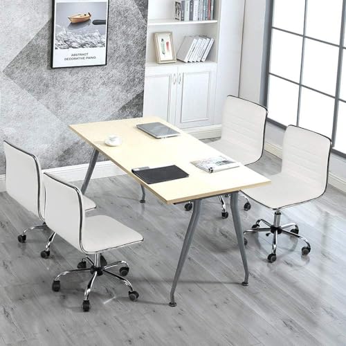 BRISKAIR Adjustable Task Chair PU Leather Low Back Ribbed Armless Swivel White Desk Chair Office Chair with Wheels