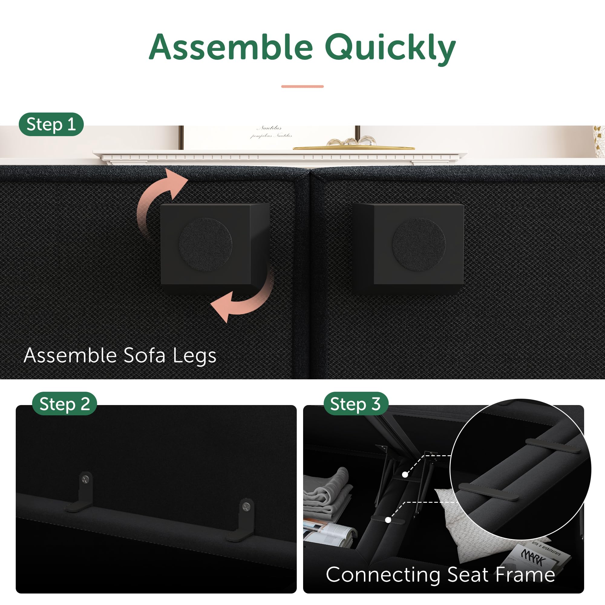 HONBAY Modular Sectional Sofa Set Oversized U Shaped Couch with Storage Ottoman Convertible Sleeper Sectional Sofa Velvet Modular Couch with Wide Chaise, Black