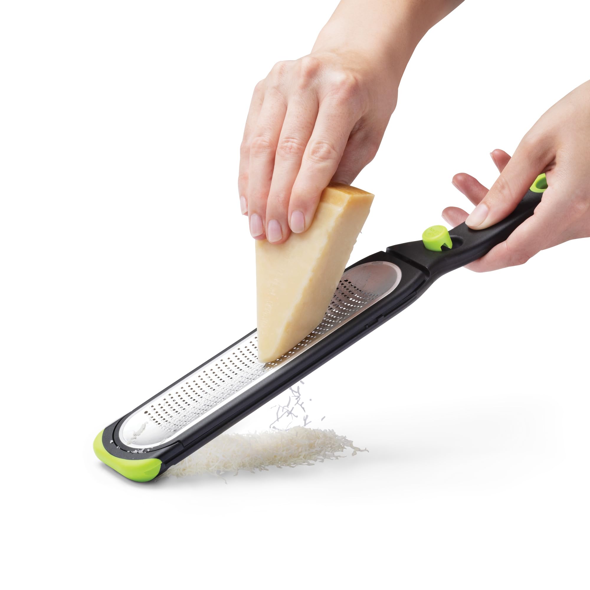 Dreamfarm Ozest Self-Cleaning POP-Button Zester for Fine, Fluffy Citrus Zest, Cheese, Nut, & Spices with Non-Slip Silicone Foot - 1mm Zester, Black/Green
