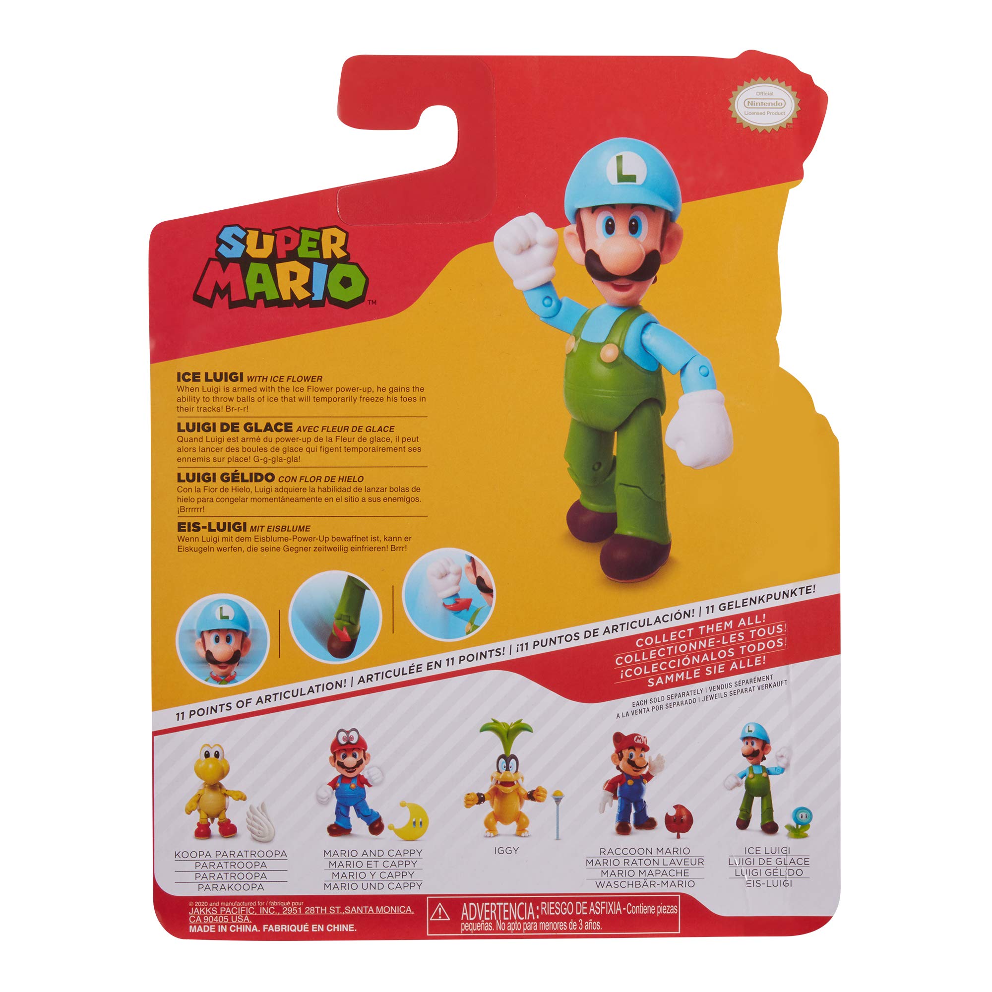Nintendo Super Mario Collectible Ice Luigi 4" Poseable Articulated Action Figure with Ice Flower Accessory, Perfect for Kids & Collectors Alike! for Ages 3+