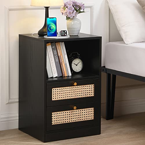 Yoobure Black Nightstand with Charging Station, Bed Side Table/Night Stand with Drawers, Modern Nightstands with USB Ports & Outlets for Bedroom, Living Room, Home Office