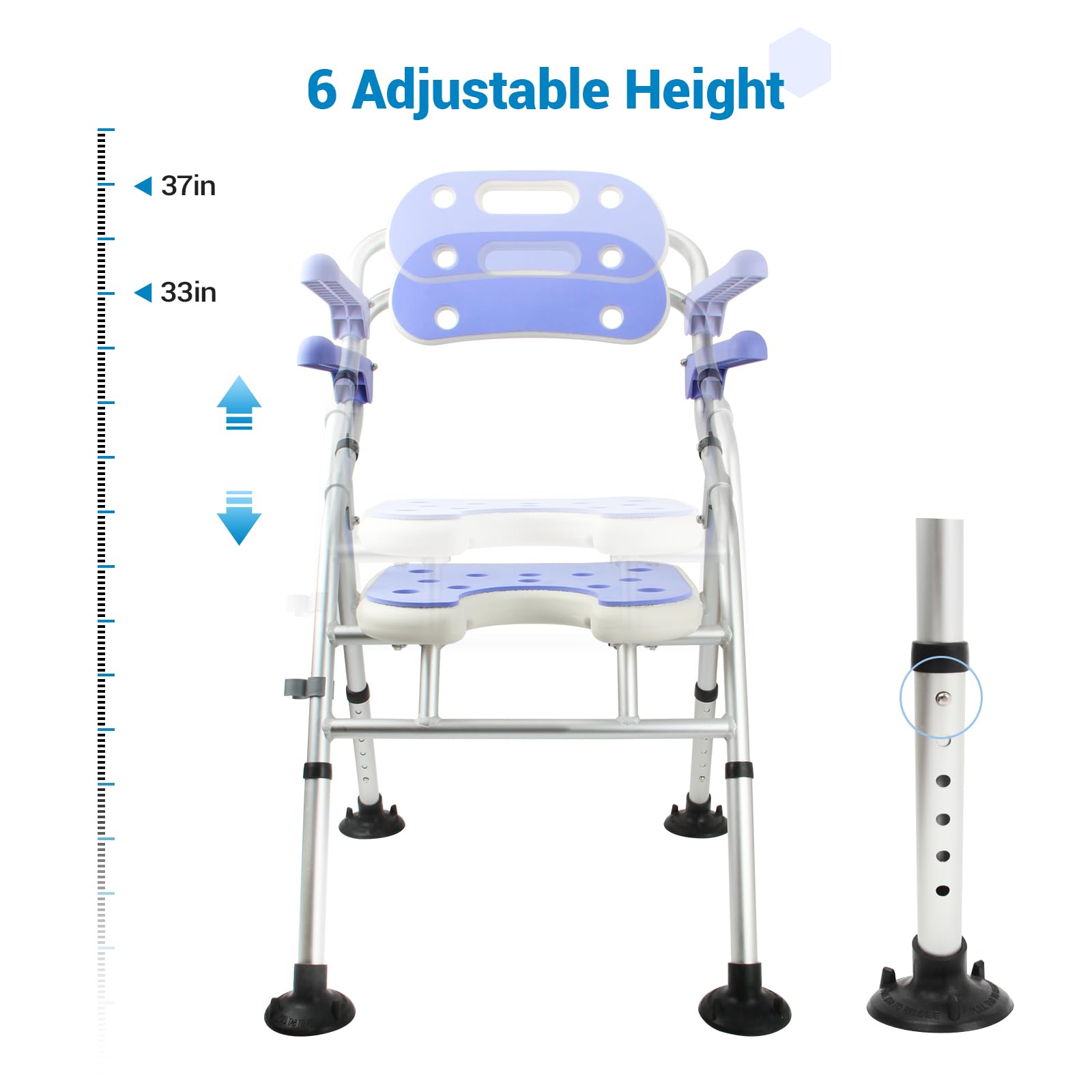 Folding Shower Chair for Inside Shower & Bathtub, Foldable Shower Seat with Arms & Back 400Lbs, Adjustable Height Bathroom Stool for Seniors, Elderly, Disabled, Injured