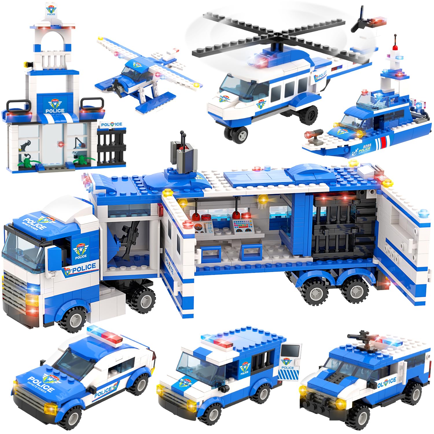WishaLife 8 in 1 City Police Mobile Command Center Truck Toy Building Set, with Police Station Toy, Police Car Toy, Helicopter Toy, Boat Toy, Fun Police Toys Gift for Kids, Boys and Girls Ages 6 Plus