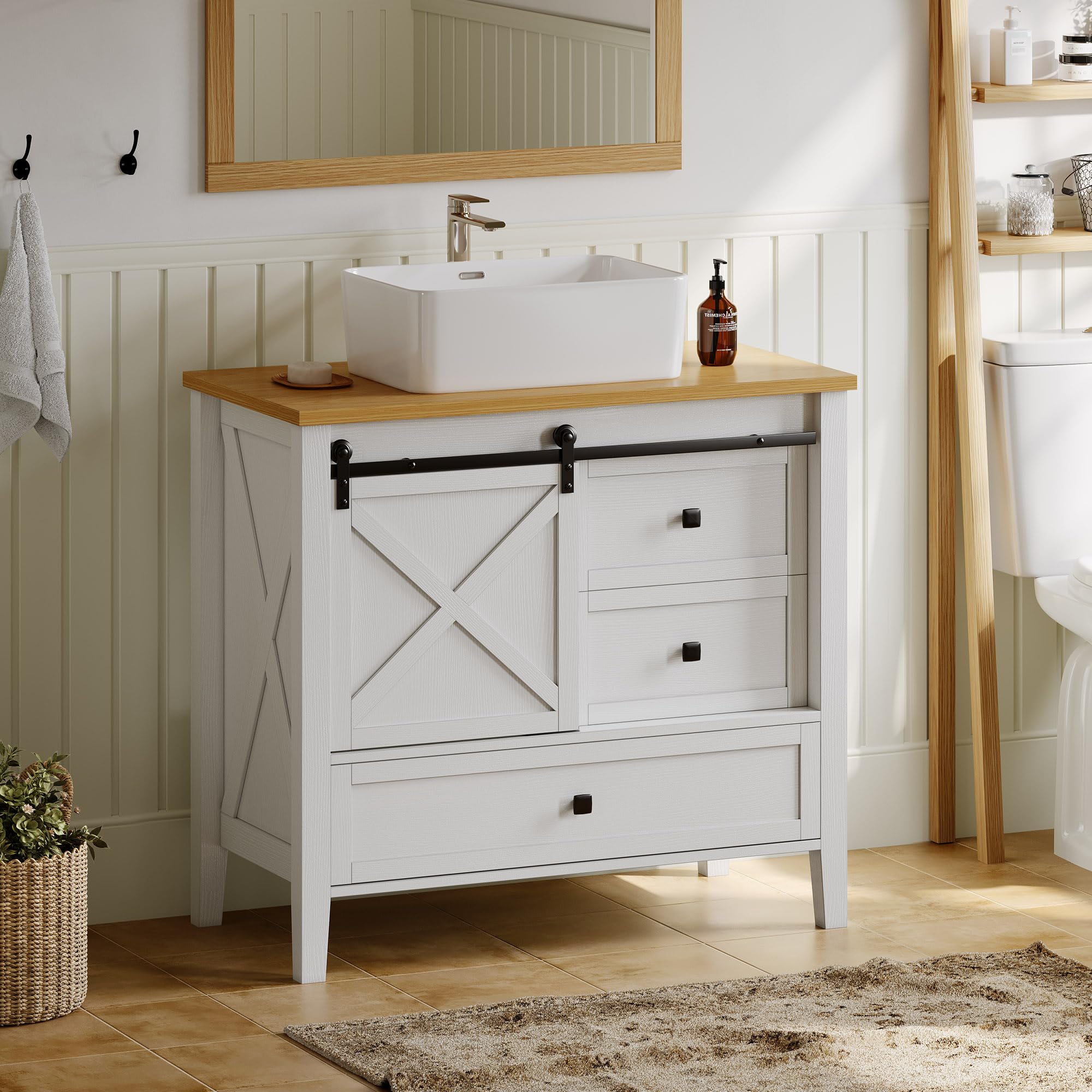 DWVO 48" Farmhouse Bathroom Vanity with Sink Combo, Barn Door Bathroom Storage Cabinet with Sliding Door & 7 Drawers, Ceramic Vessel Sink Top, White