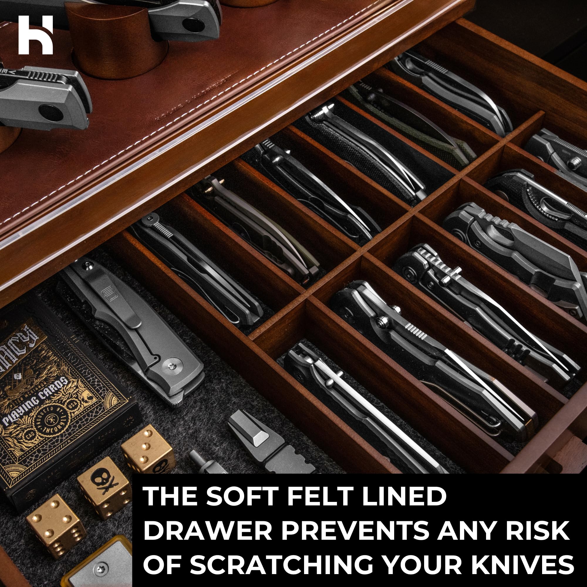Holme & Hadfield Luxury Pocket Knife Display Case for 20-30 Knives The Armory Pro β Premium Wooden Knife Case for Collections β Large Knife Organizer with Drawer for Men