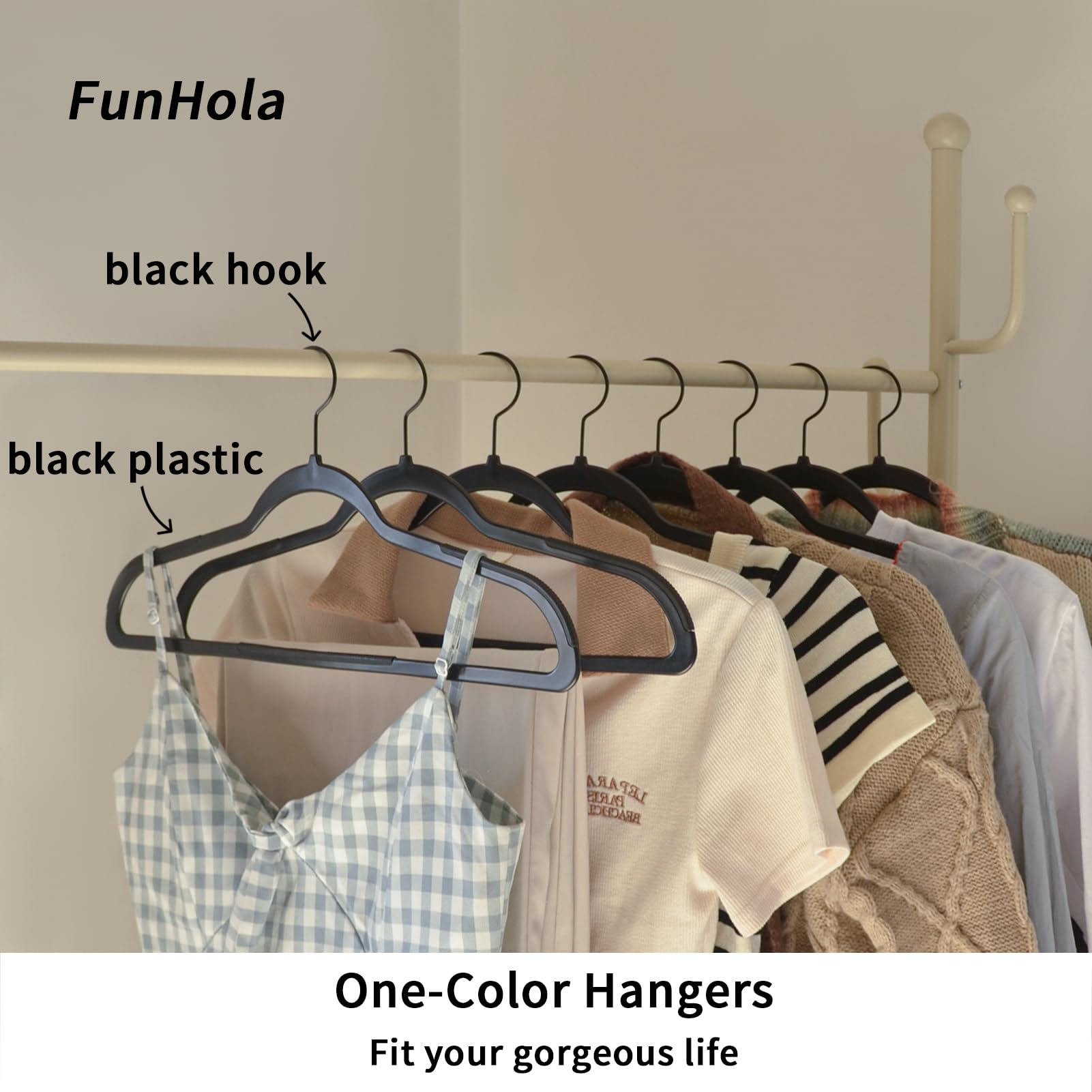 FunHola One-Color Look Plastic Hangers Non Slip, 50 Pack, Luxury Coat Hangers, Space Saving up to 40%, Black Plastic with Black 360° Swivel Hook