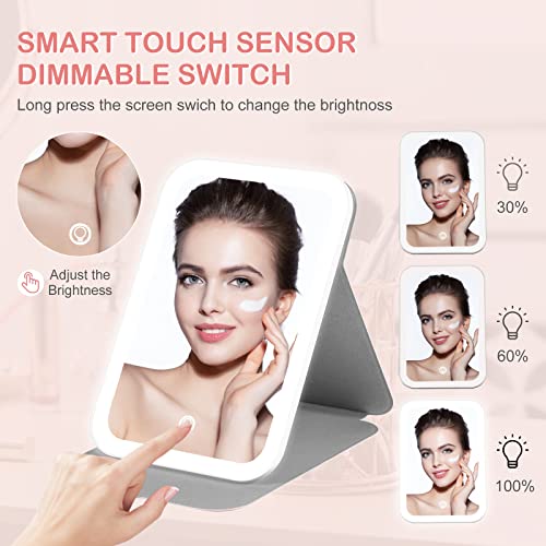 Luminar bowo Vanity Tabletop Mount Mirror with Lights, Travel Makeup Mirror 360° Rotation Touch Screen 3 Colors Light Modes 72 LEDs USB Rechargeable, 1200mA 5.5x8-Inch Desk Compact Mirror Pink