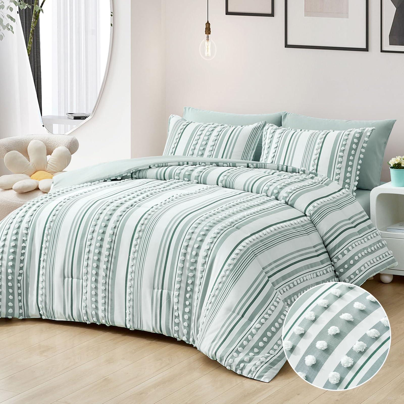 Boho Comforter Set Queen Size Green and White Tufted Ball Striped Design, Shabby Chic Farmhouse Comforter and Sheet Set, 7 Piece Bed in a Bag Pom Pom Complete Bedding Set (90''x90'')