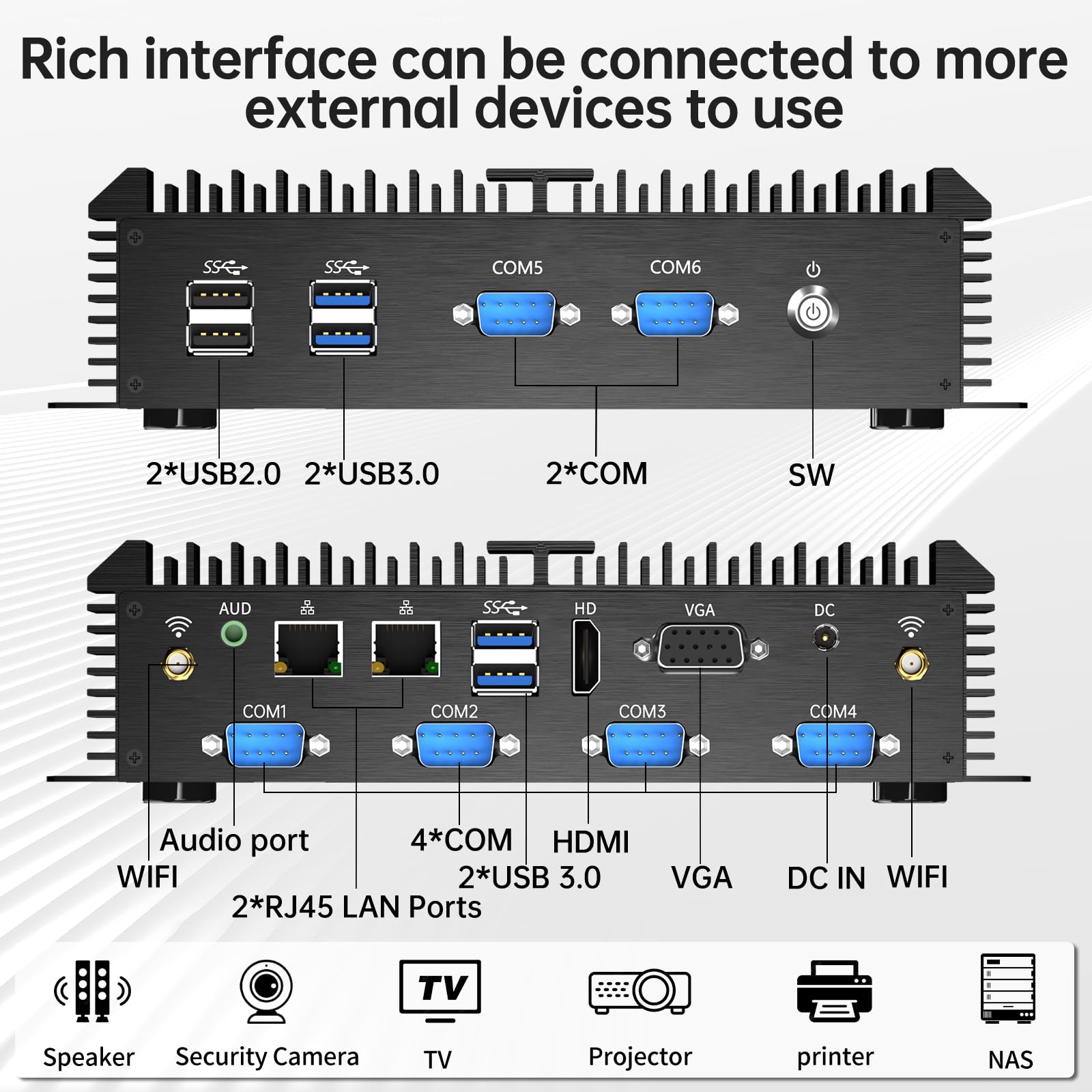 Kinupute Fanless Mini PC, Industrial Desktop Computer Core i5-4200U 1.6-2.6GHz, Windows 10 Pro, 8GB RAM, 128GB SSD, 2xNICs, 6xCOM RS232, 4xUSB 3.0, HDMI/VGA Port, Auto Power On, Metal Case