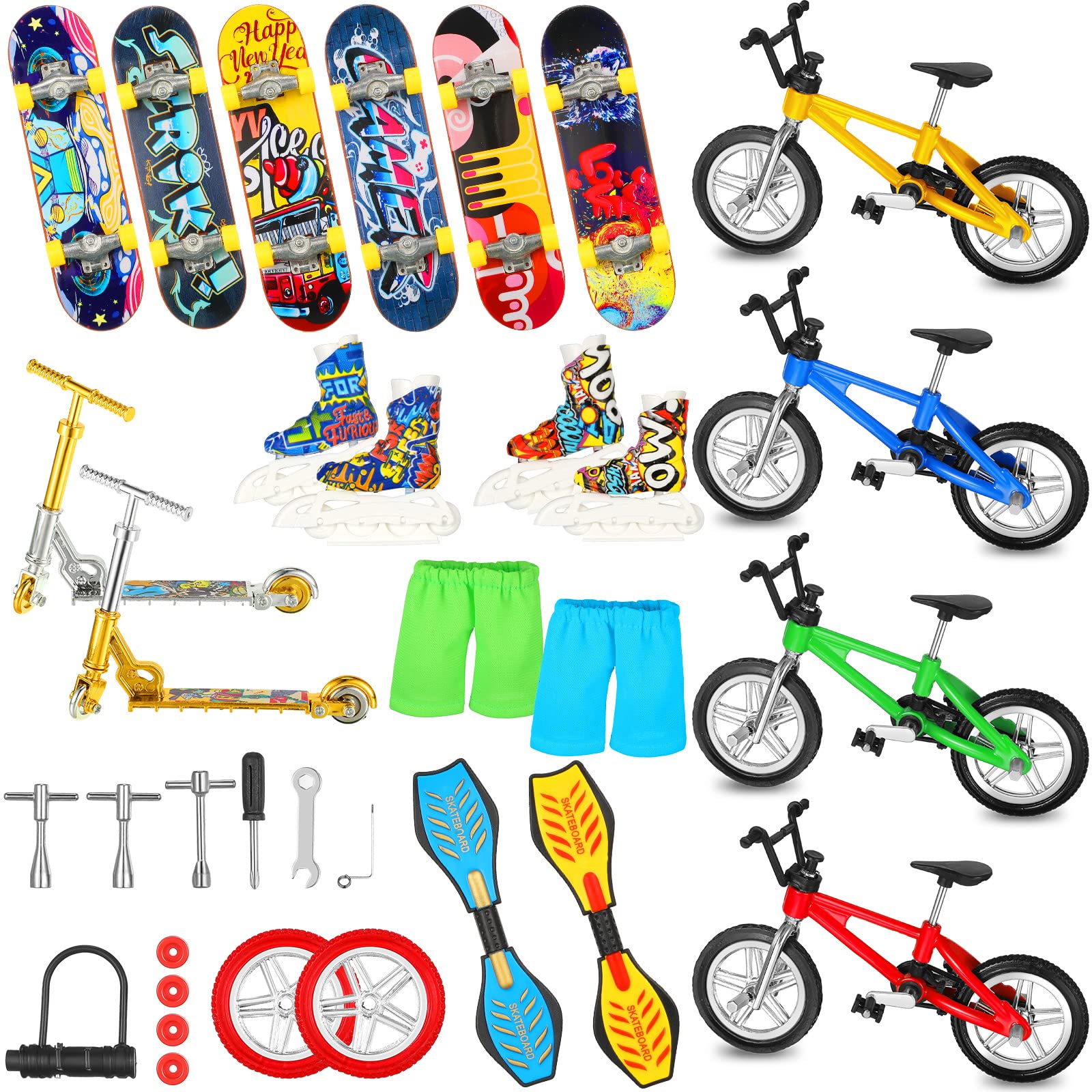 Cindeer 33 Pieces Mini Finger Toys Set Finger Skateboards Bikes Tiny Swing Board Scooters Finger Roller Skating Finger Pants and Matched Wheels Tools Accessories Educational Toys for Party Favors