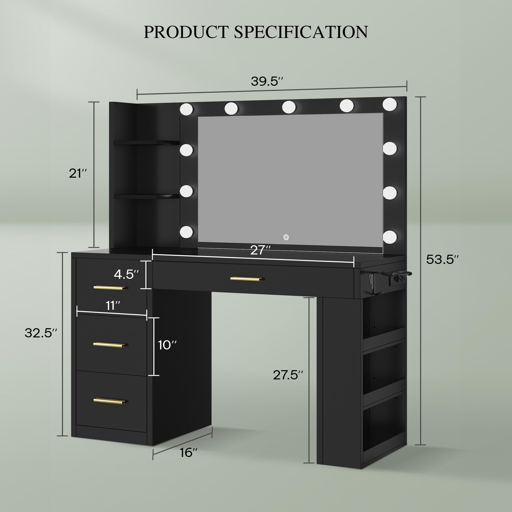 DWVO Makeup Vanity Desk with Mirror & Lights Bulbs, Vanity Table with Powers Strips 4 Drawers & 3 Storage Shelves, 3 Color Modes & Adjustable Brightness Dressing Table, Black