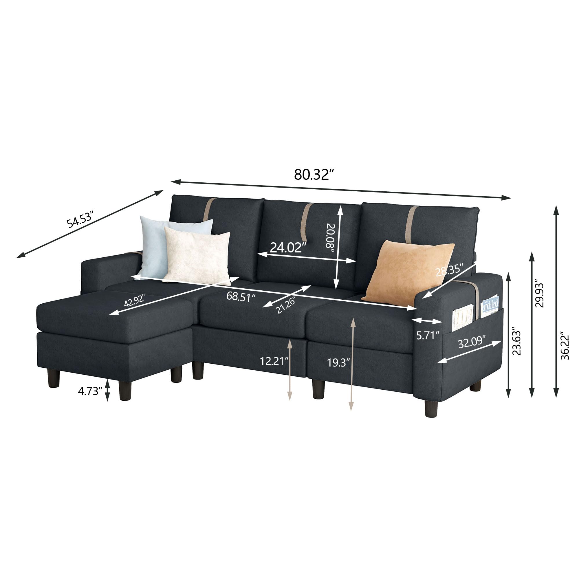 Enobala 80" Modern Sectional Sofa, 3 Seat Convertible L Shaped Sofa Couch with Reversible Ottoman and Storage Pockets for Living Room