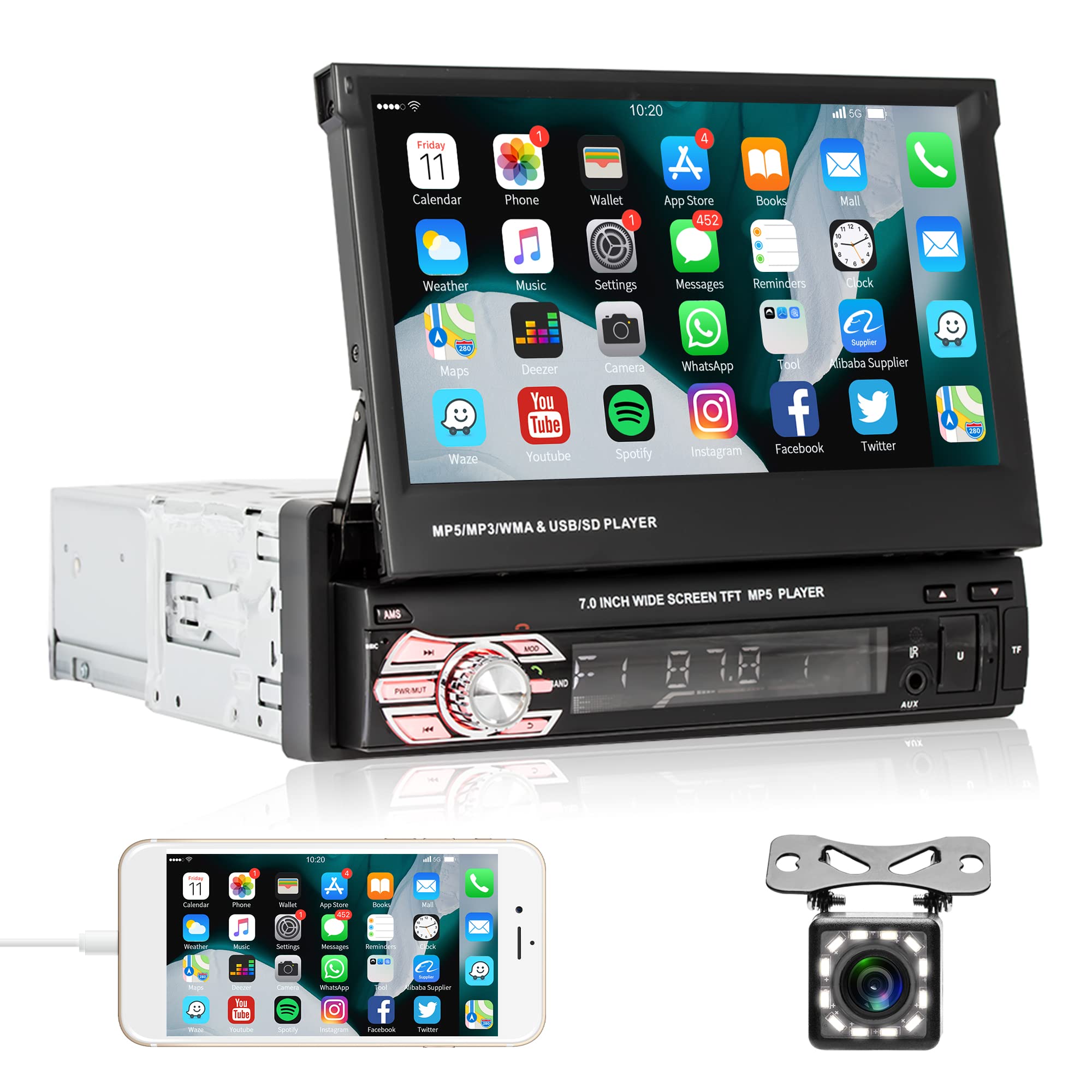 Car Stereo Single Din Electric Flip Out Car Radio with Bluetooth, Rimoody 7 Inch Touchscreen Mirror Link FM Radio AUX- in USB SD TF Card Input EQ Setting MP5 Player + Backup Camera