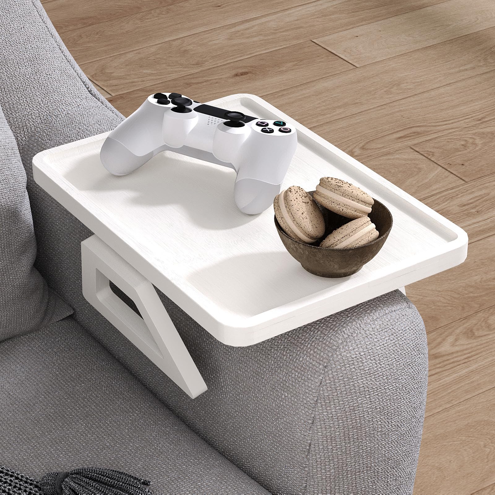 Danfoxer Couch Arm Tray,Bamboo Couch Tray,Folding Sofa Tray,Anti-Slip Sofa Armrest Tray,Couch Arm Table-Clip-On Couch Desk for Drinks, Snacks,Phone,Remote Control(White)