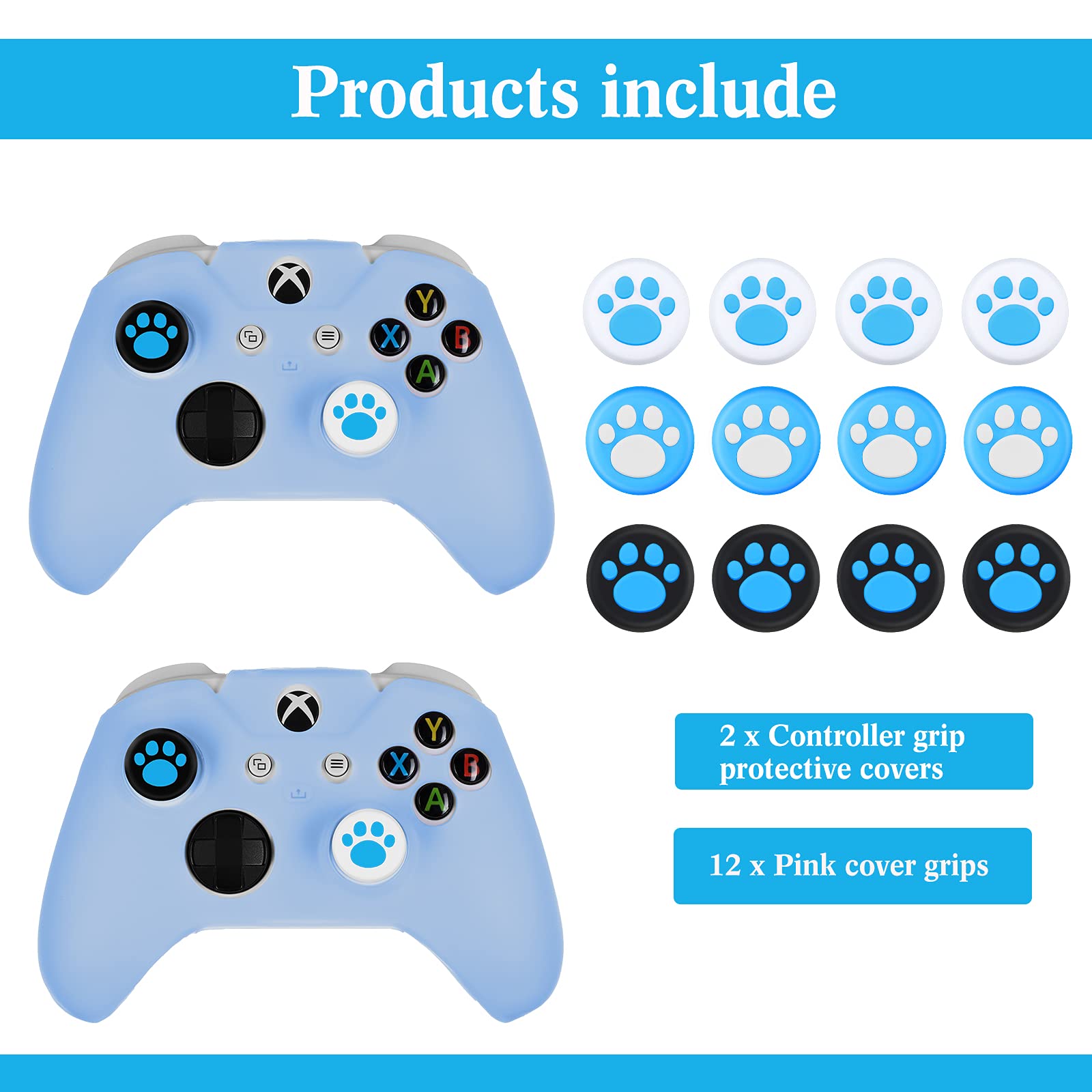 Chalyna 14 Pcs Controller Skins Anti-Slip Accessories Set Silicone Cover Protector Case Compatible with Xbox One/S/X Controller Wireless/Wired Gamepad Joystick with 12 Cat Paw Thumb Grips (Blue)