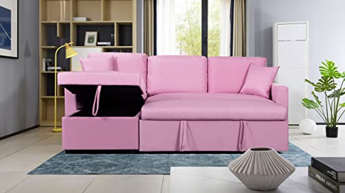 GLANZEND L-Shape Reversible Linen Sleeper Sectional Sofa with Storage Chaise, Corner Convertible Couch w/ 2 Throw Pillows for Living Room, Small Apartment, Dorm, Pink, 57 Inch
