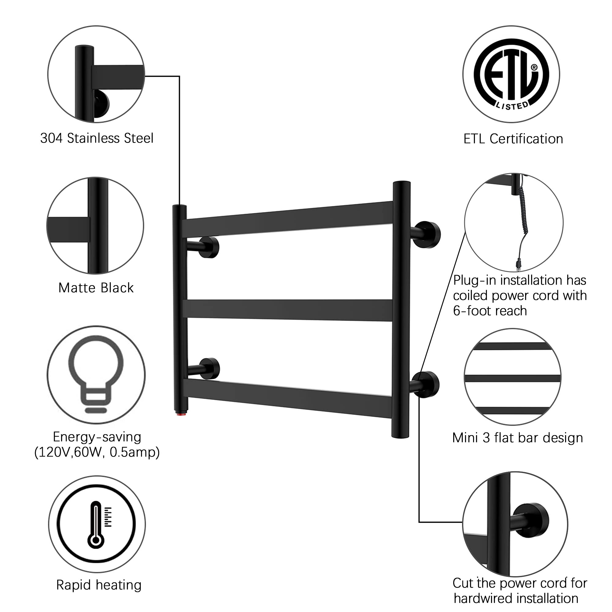 HEATGENE Towel Warmer 3 Flat Bar Towel Dryer Wall-Mounted Plug-in Bath Towel Heater - Matte Black