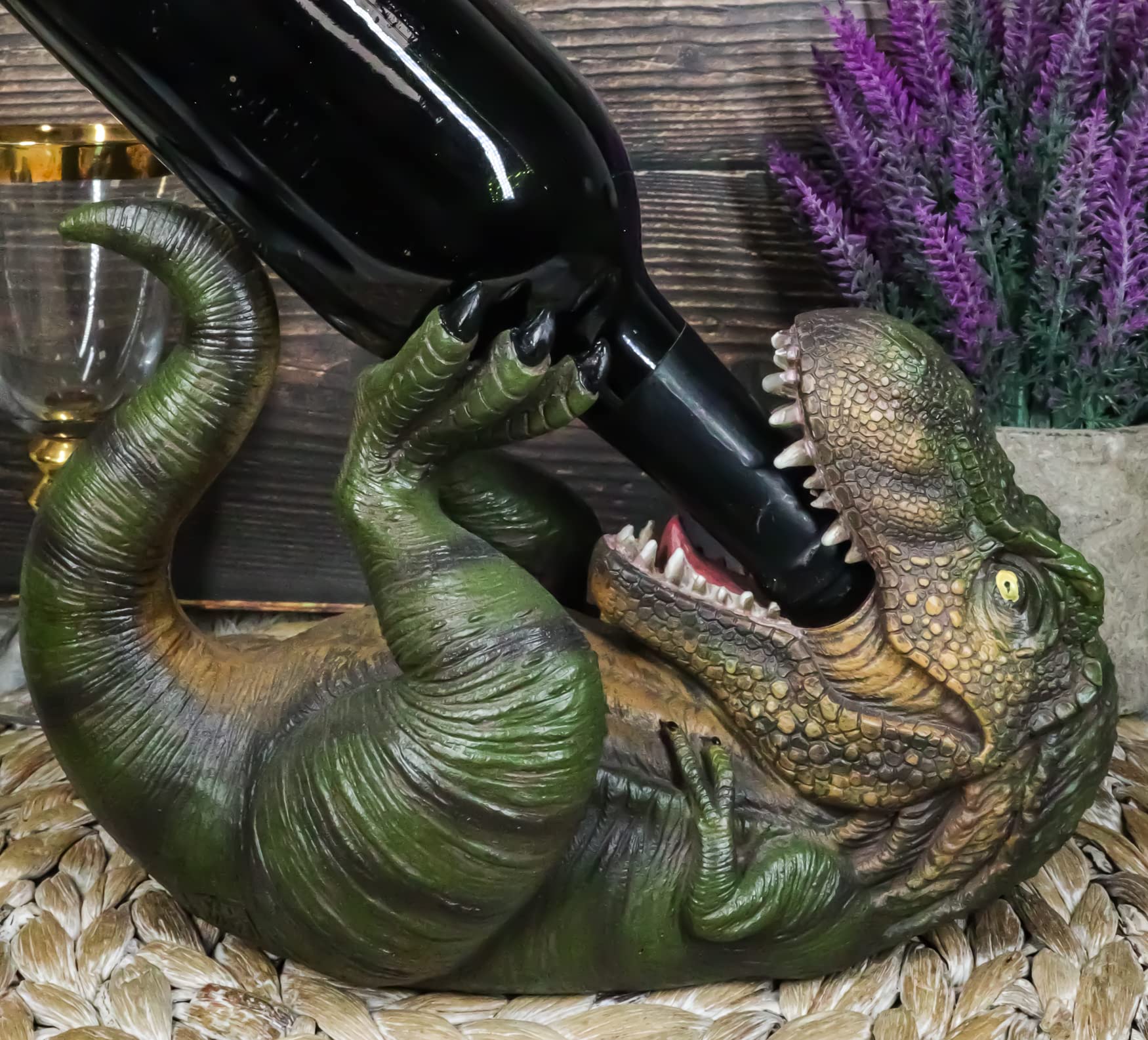 Ebros Dino Wino Prehistoric Dinosaur Thirsty T-Rex Wine Bottle Holder 9.25" Long Caddy Figurine Jurassic Era Trex Statue Kitchen and Dining Decor Party Hosting Prop Tyrannosaurus Rex Dinosaurs