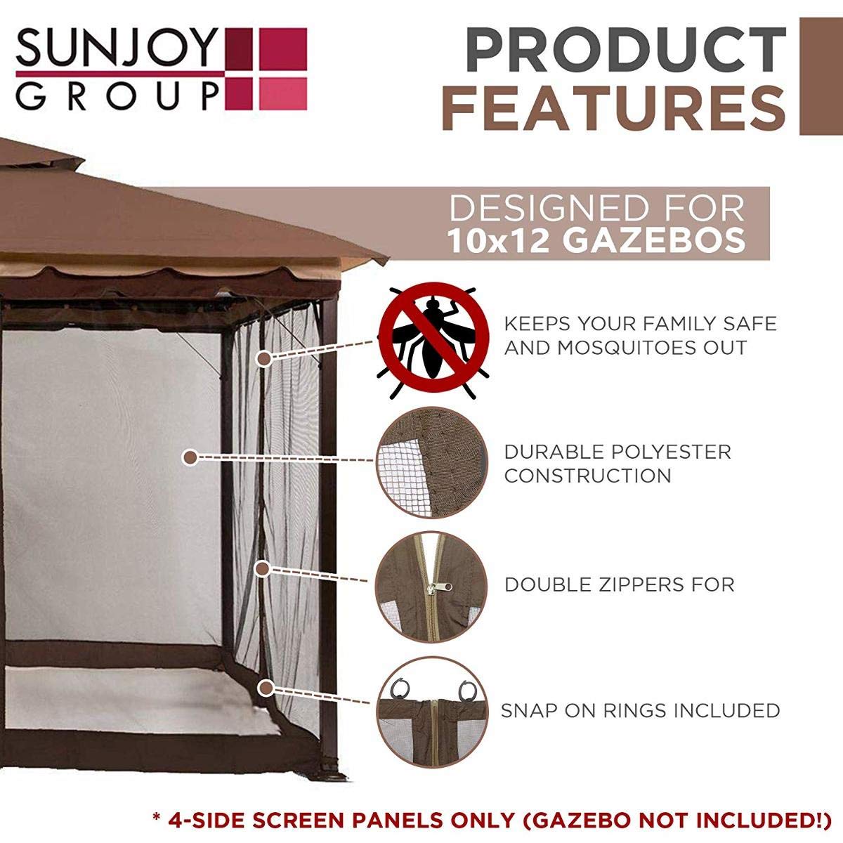 Keep Mosquitoes Out of Your 10 x 12 Gazebo with This Four Panel Pack of Easy to Netting with Zippers