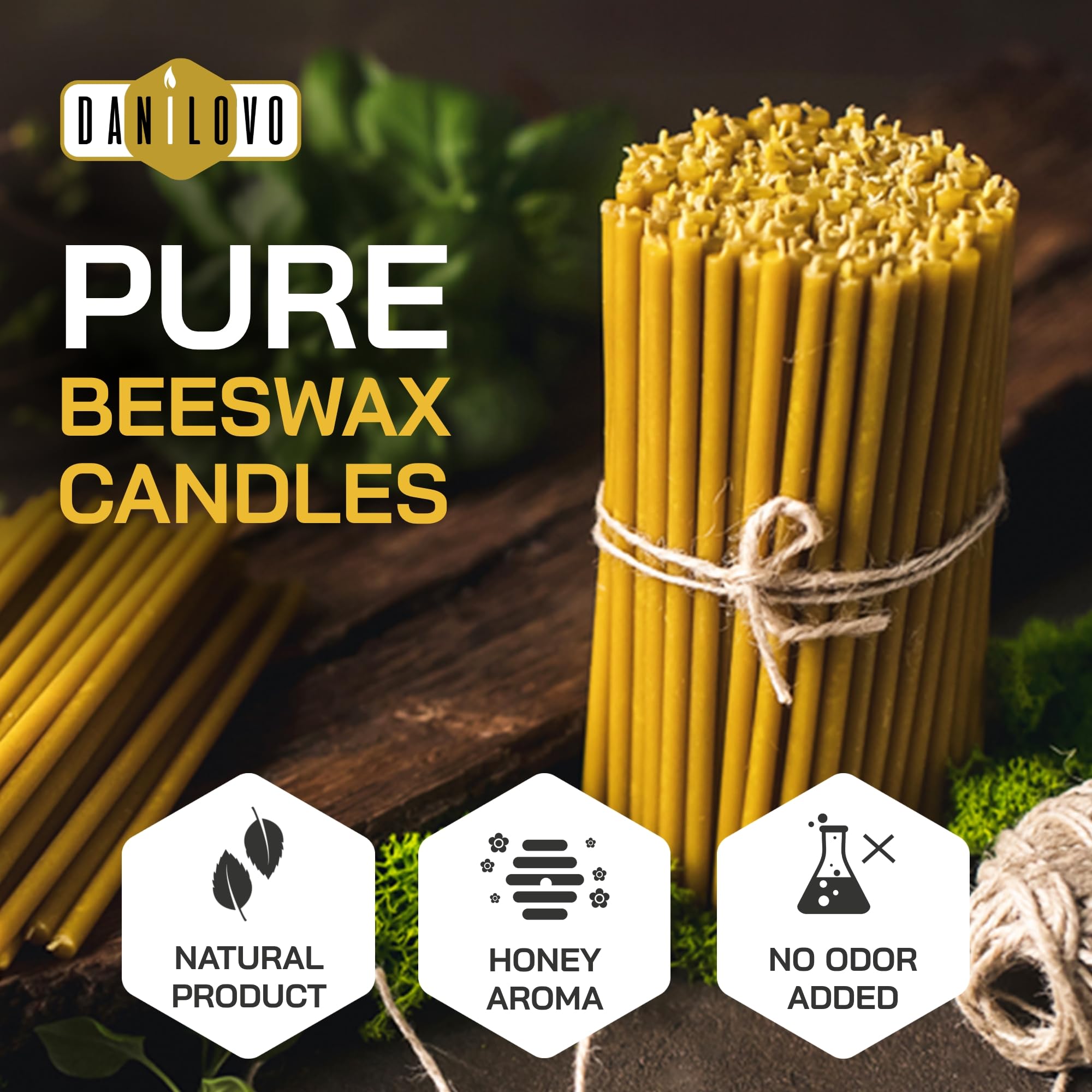 Danilovo Pure Beeswax Candles - No-Drip, Smoke-Less, Tall, Thin Taper Candles – Decorative Candles for Church Prayer, Decor or Birthday Candles – Honey Scented Candles – 7.3”x0.24” (Yellow, 50pcs)