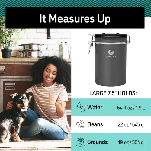 Coffee Gator Stainless Steel Canister - Medium 16oz, Silver Coffee Grounds and Beans Container with Date-Tracker, CO2-Release Valve, and Measuring Scoop - Ideal Coffee Lovers Gifts for Her
