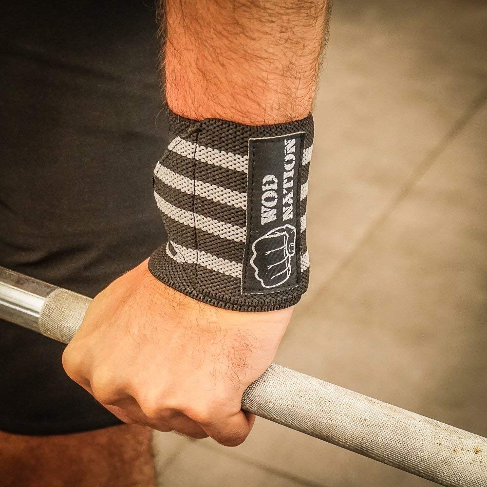WOD Nation Wrist Wraps for Weightlifting, 12β Professional Gym Wrist Straps w/Thumb Loop Men & Women, Wrist Support Wraps for Strength Training, Powerlifting & Bodybuilding (Black/Grey)