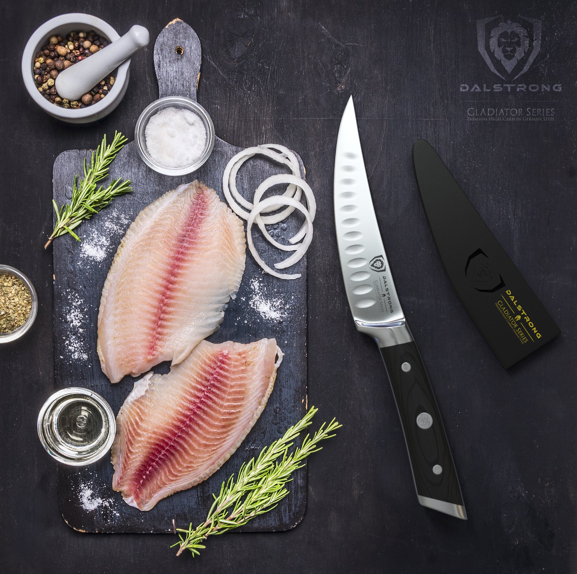 Dalstrong The Gladiator Series Elite 6" Fillet Knife Bundled with Lionswood Teak Cutting Board Medium Size